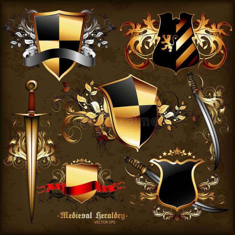 Set of medieval heraldry stock vector. Illustration of black - 43666448