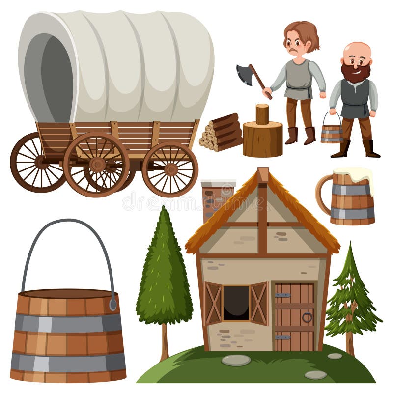 Set of Medieval House and Object Cartoon Stock Vector - Illustration of ...