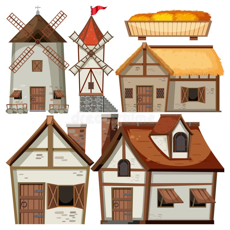 Set of Medieval House and Object Cartoon Stock Vector - Illustration of ...