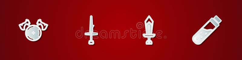 Set Medieval Shield with Axe, Dagger, Sword for Game and Bottle Potion ...