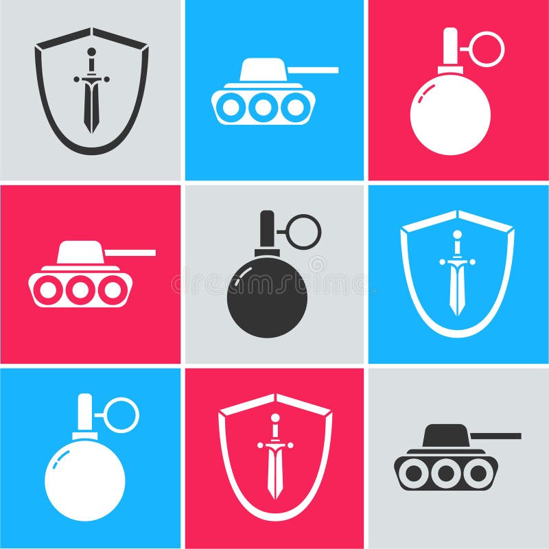 Set Medieval Shield with Sword, Military Tank and Hand Grenade Icon ...