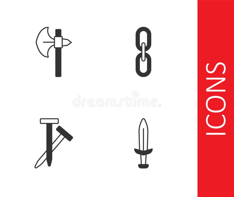 Set Medieval Sword, Axe, Metallic Nails and Chain Link Icon. Vector ...