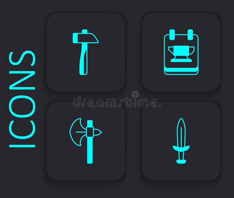 Set Medieval Sword, Hammer, Blacksmith Anvil Tool and Axe Icon. Black ...