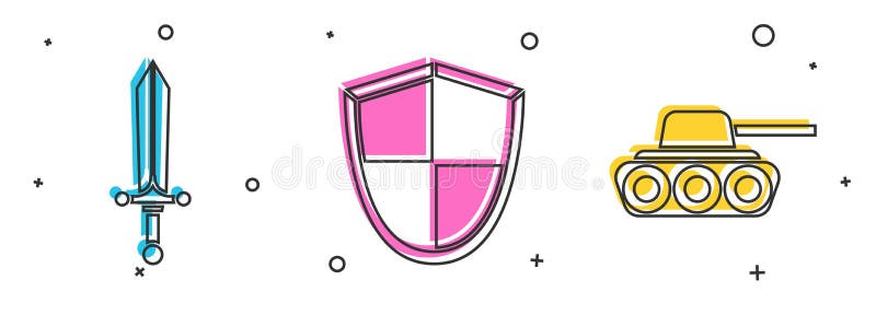 Set Medieval Sword, Shield and Military Tank Icon. Vector Stock Vector ...