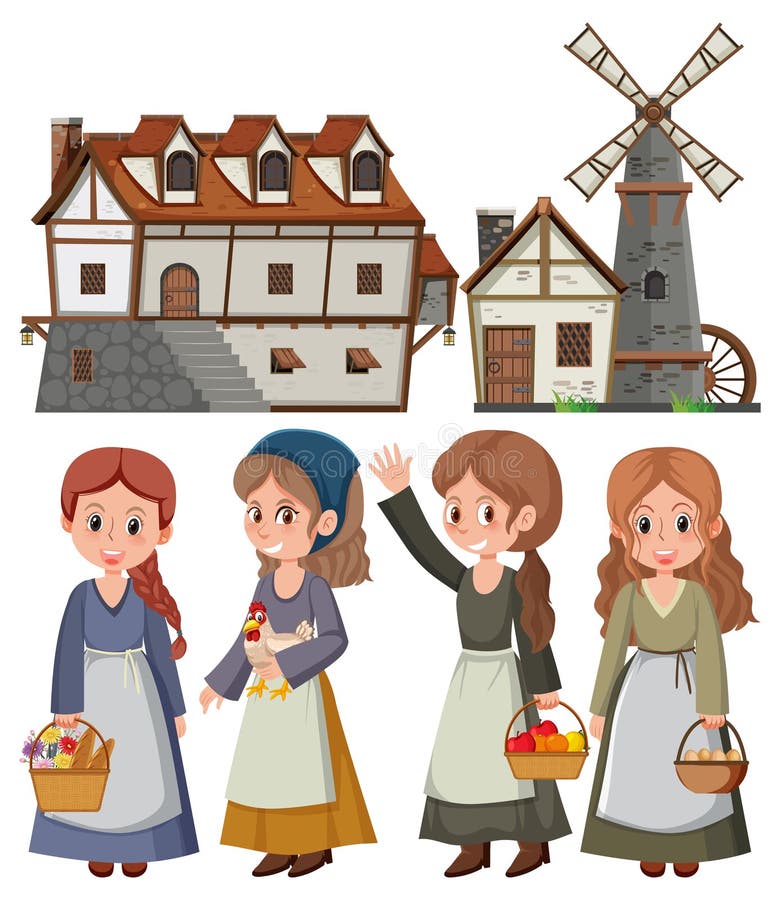 Set of Medieval Villager Cartoon Character Stock Vector - Illustration ...