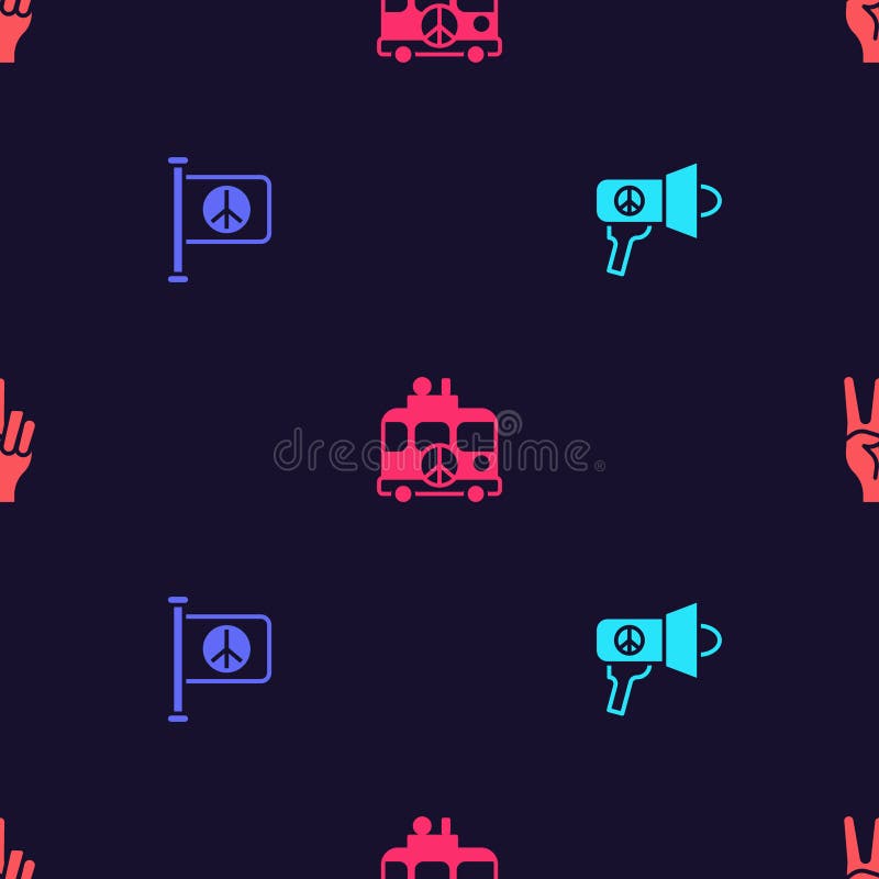 Set Megaphone, Flag Peace, Hippie Camper Van and Peace Symbol on ...