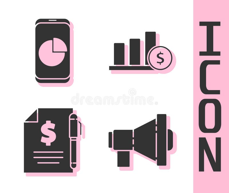 Set Megaphone, Mobile Phone with Graph Chart, Contract Money and Pen ...
