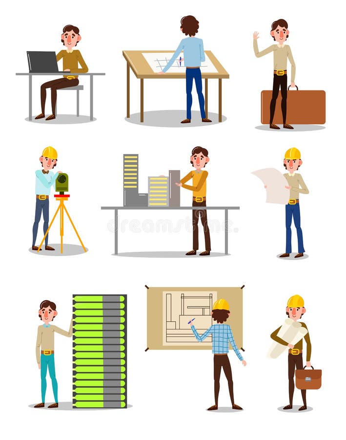 Set of Men Engineers during Work Vector Illustration Stock Vector ...