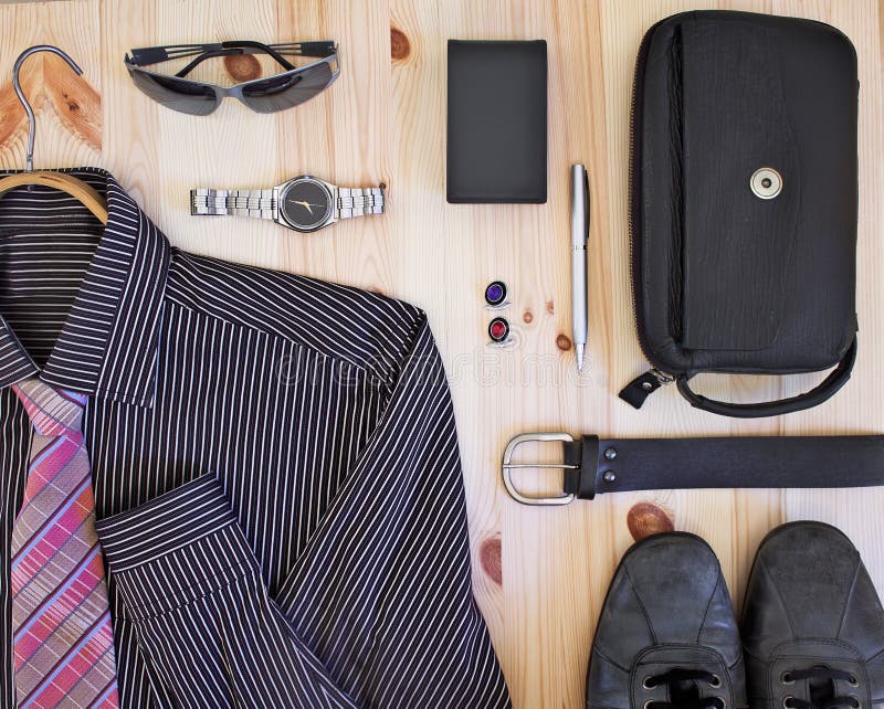 Set of Men S Clothing and Accessories on Blue Wooden Table. Stock Image ...