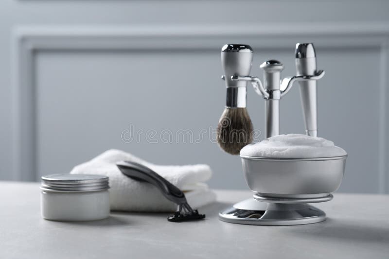 Set of Men S Shaving Tools on Grey Table. Stock Image - Image of ...