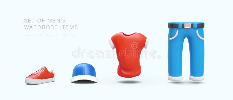 Set of Men Wardrobe Items. Colored 3D Objects with Shadows Stock Vector ...