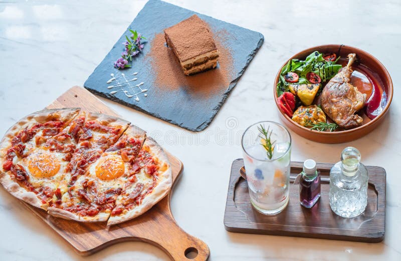 Set Menu Pizza Fried Chicken Dessert and Beverage Stock Photo - Image ...