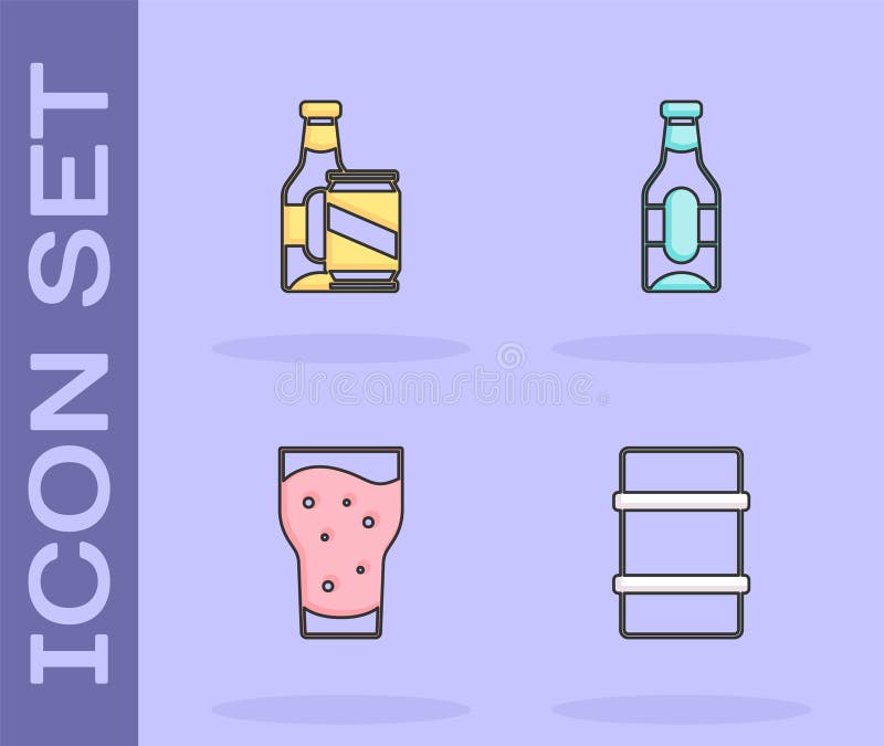 Set Metal Beer Keg, Beer Bottle and Can, Glass of and Icon. Vector ...