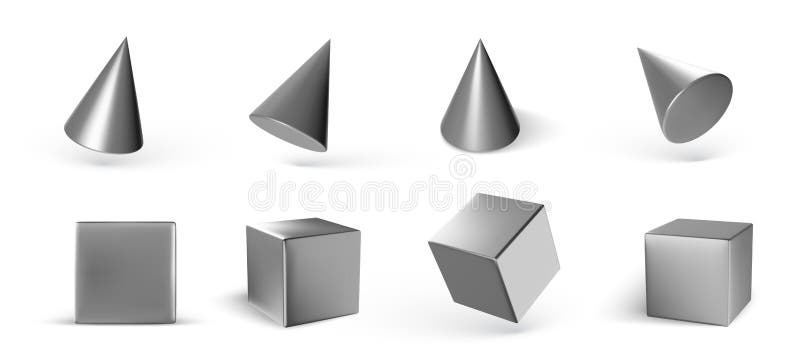 Set of Metal Geometric Cones and Cubes Isolated on White Background. 3d ...