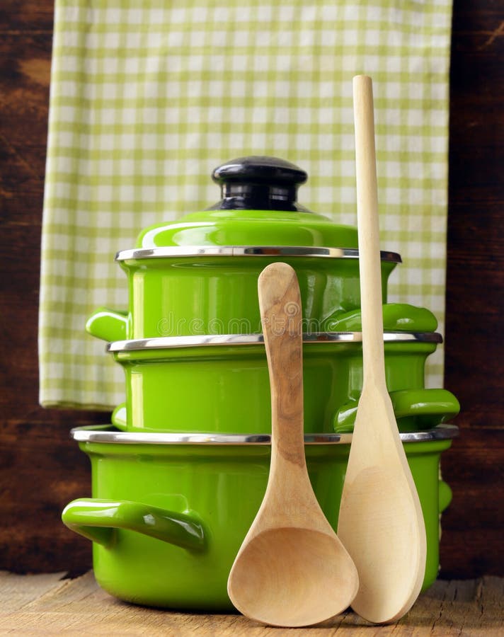 Set of Metal Green Pots Cookware Stock Photo - Image of kitchenware ...