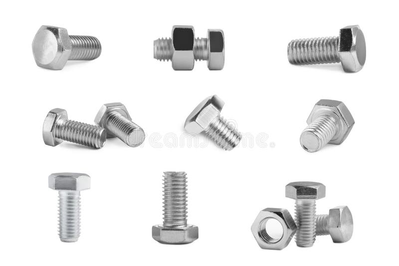 Set with Metal Hex Bolts and Nuts on White Background Stock Image ...