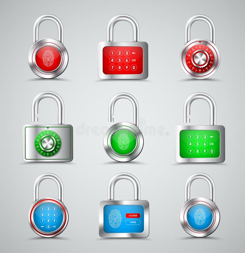 Set of Metal Padlocks Round and Square Shapes with Different Types of ...