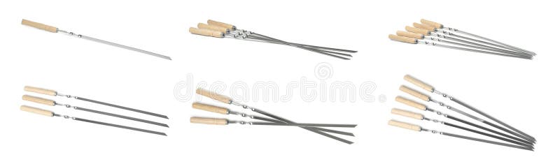 Set with Metal Skewers on White Background. Banner Design Stock Image ...
