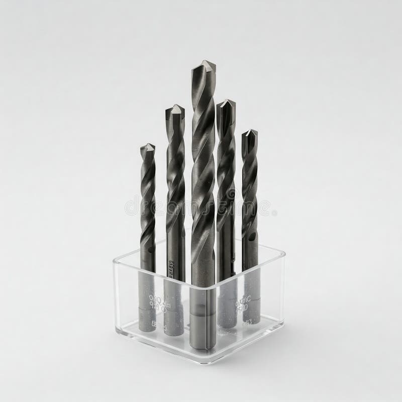 A Floating Power Drill Bit Set in a Small Plastic Case Against a Solid ...