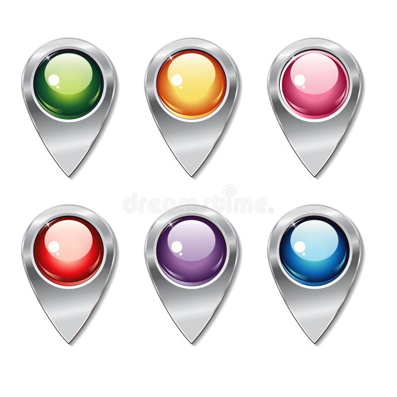 Set of Metallic Map Pointers with Colored Shiny Buttons Stock Vector ...