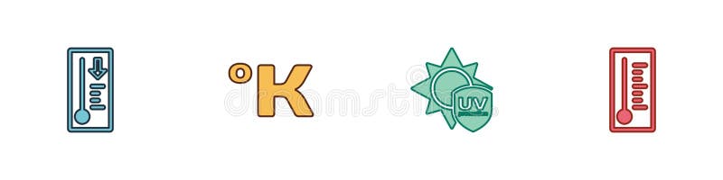 Set Meteorology Thermometer, Kelvin, UV Protection and Icon. Vector ...