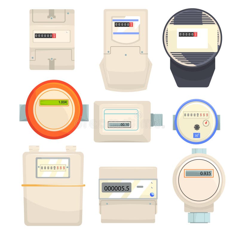 Set of Meters, Mechanical and Electronic Counters Vector Illustrations ...