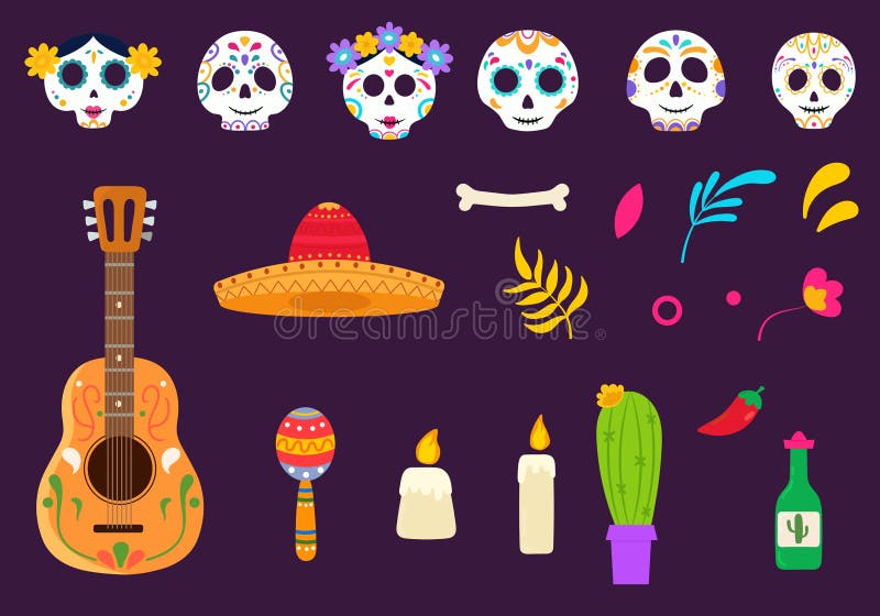 Set of Mexican Traditional Objects. Dia De Los Muertos - Day of the ...