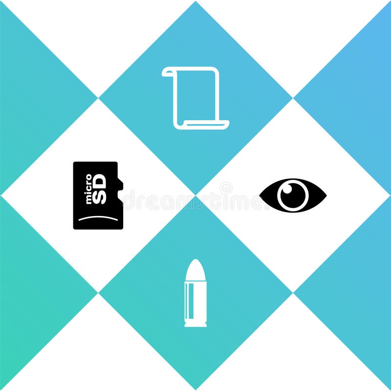 Set Micro SD Memory Card, Bullet, Paper Scroll and Eye Icon. Vector ...
