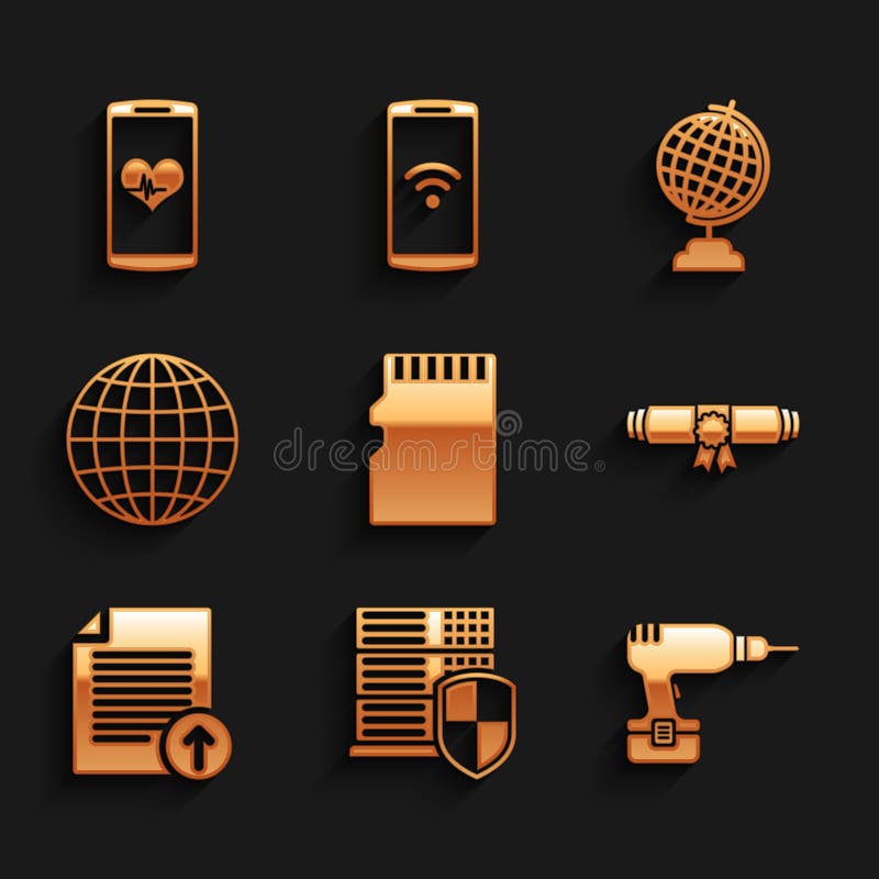 Set Micro SD Memory Card, Server with Shield, Drill Machine, Diploma ...