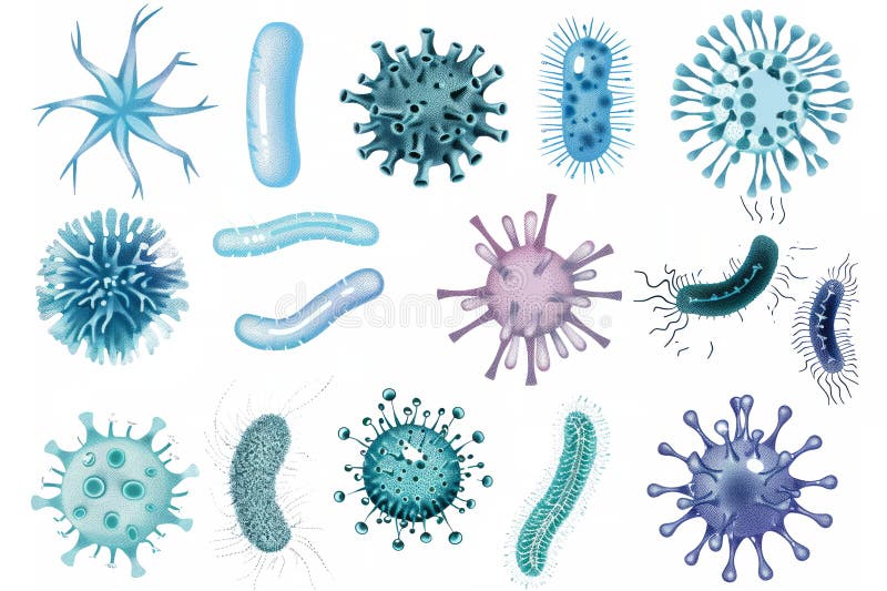 Set of Microbe and Virus Icons with a Focus on Common Bacteria Like E ...