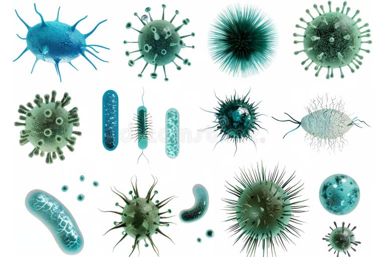 Set of Microbe and Virus Icons with a Focus on Common Bacteria Like E ...