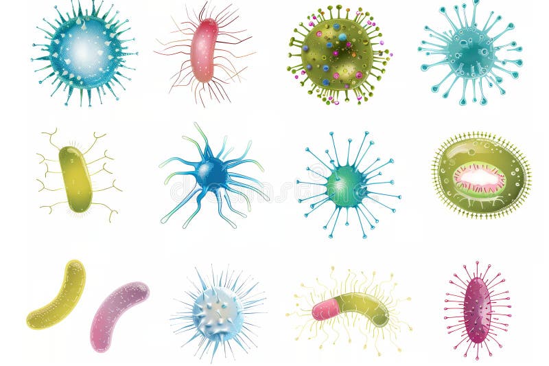 Set of Microbe and Virus Icons with a Focus on Common Bacteria Like E ...