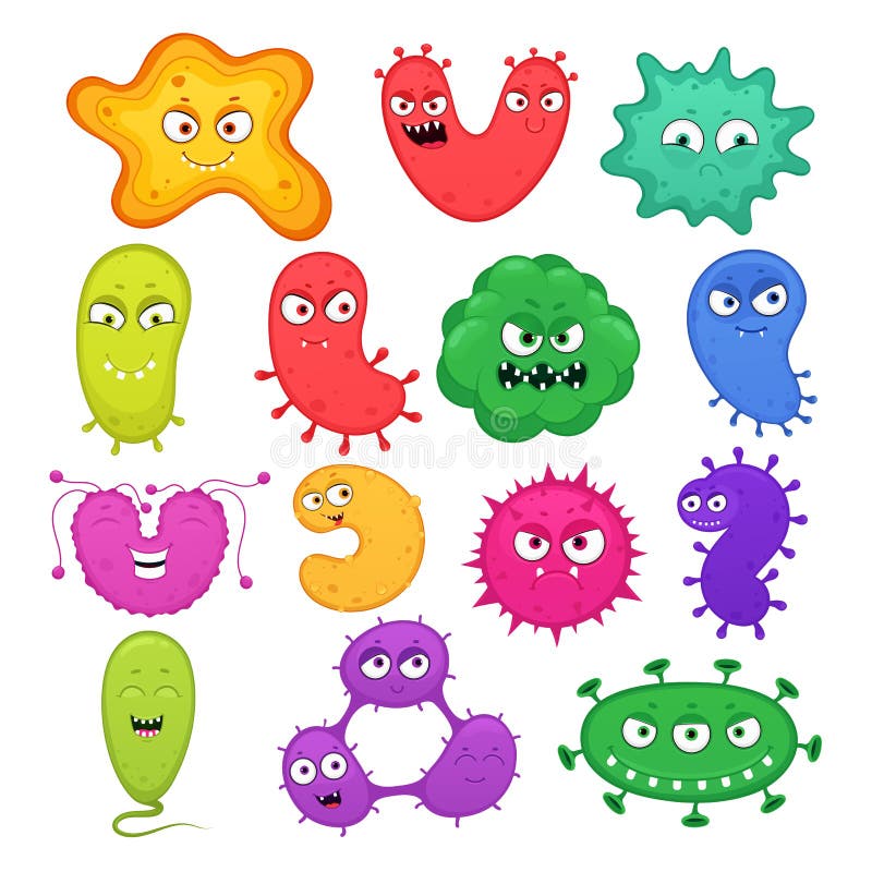 Set of Microbes Bacteria Viruses Various Shapes and Colors. Cartoon ...