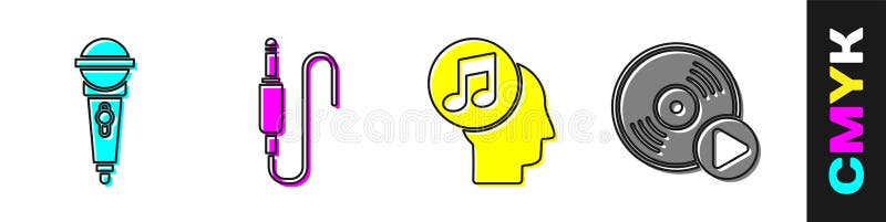 Set Microphone, Audio Jack, Musical Note in Human Head and Vinyl Disk ...
