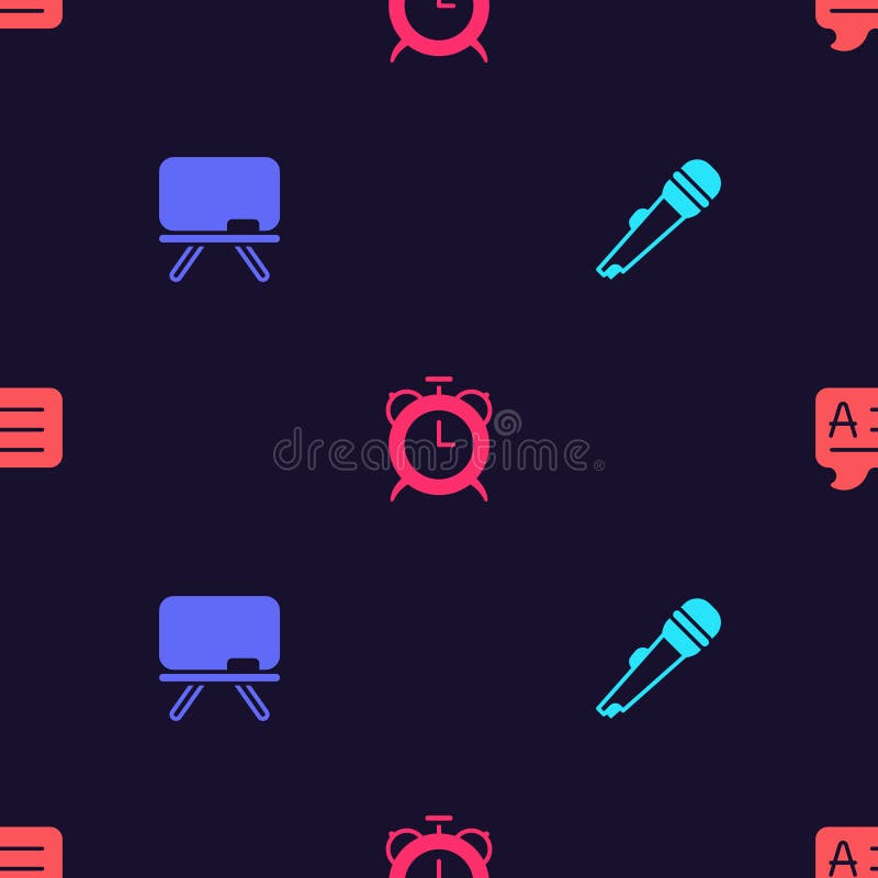 Set Microphone, Chalkboard, Alarm Clock and Speech Bubbles with Answer ...