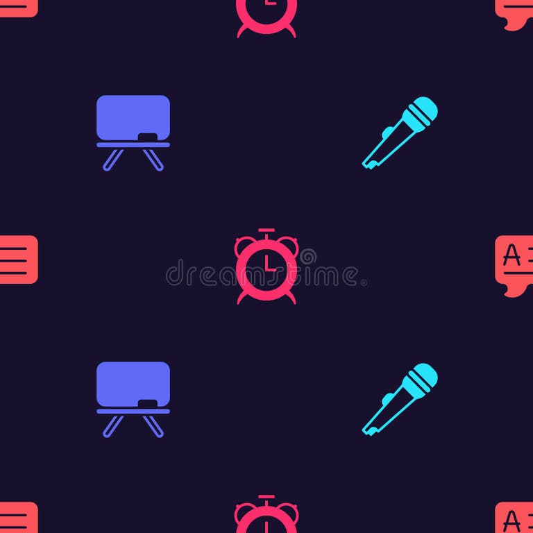 Set Microphone, Chalkboard, Alarm Clock and Speech Bubbles with Answer ...