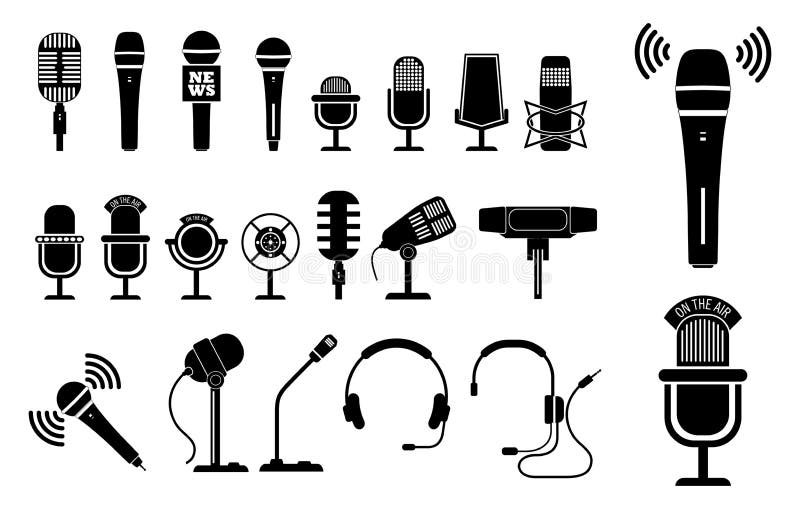 Set of Microphone Icon or Mic Standing at Podium or Classic Mic Concept ...