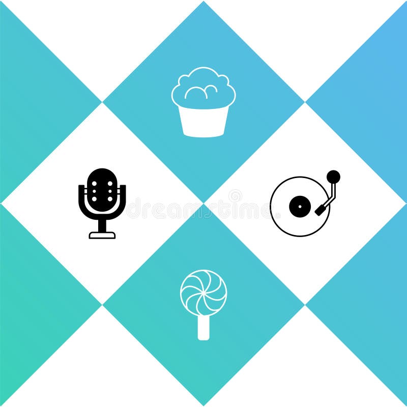 Set Microphone, Lollipop, Muffin and Vinyl Player with Disk Icon ...