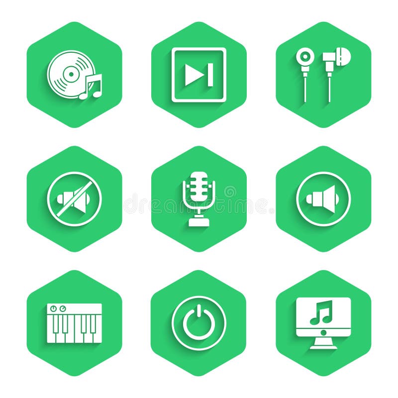 Set Microphone, Power Button, Computer with Music Note, Speaker Volume ...