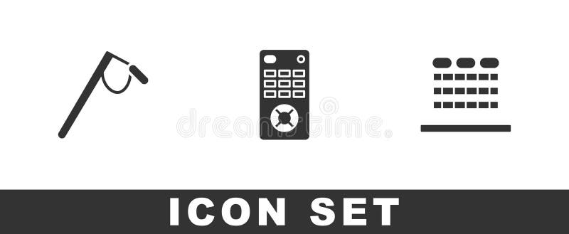 Set Microphone, Remote Control and Cinema Auditorium with Seats Icon ...