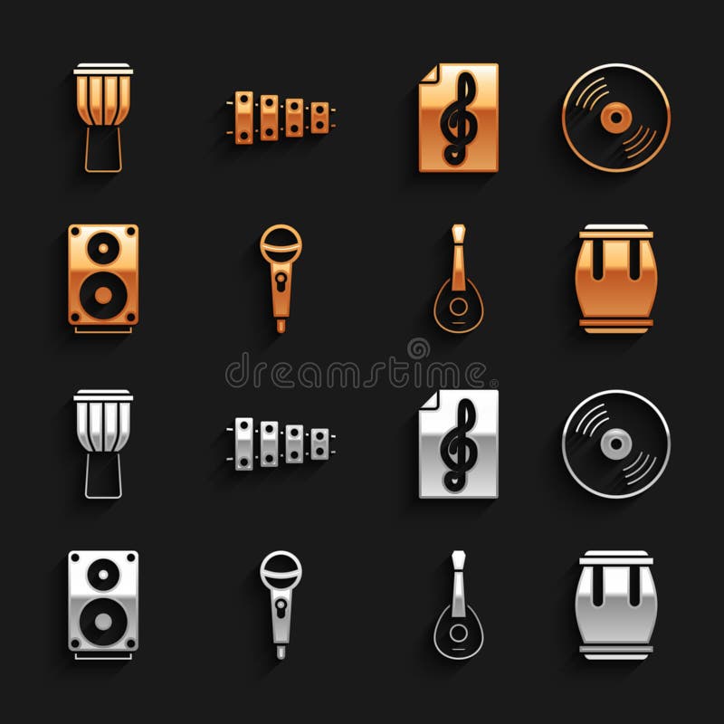 Set Microphone, Vinyl Disk, Drum, Guitar, Stereo Speaker, Treble Clef ...