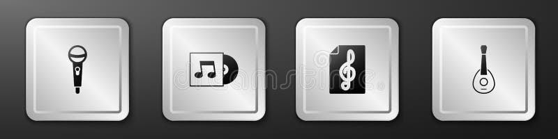 Set Microphone, Vinyl Disk, Treble Clef and Guitar Icon. Silver Square ...