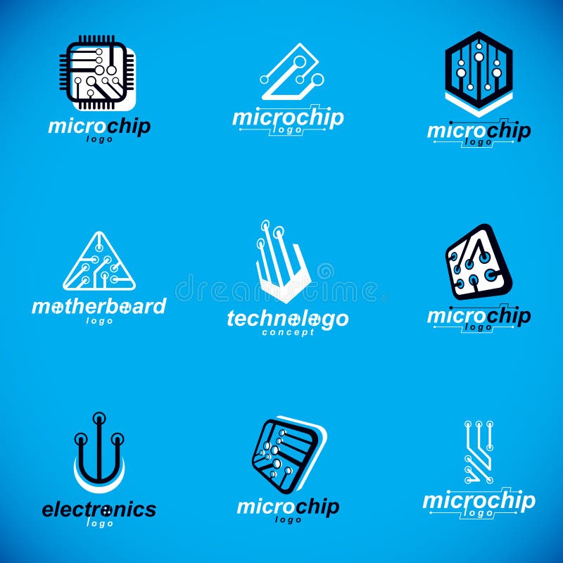 Set of Microprocessor Scheme Abstract Logotypes. Futuristic Cybernetic ...