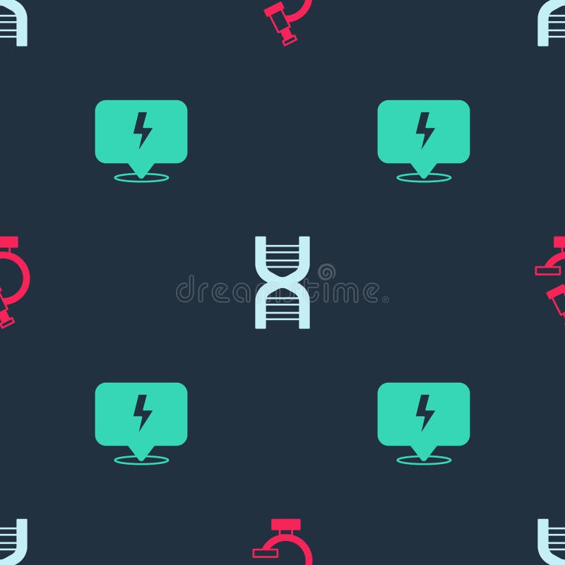 Set Microscope, DNA Symbol and Lightning Bolt on Seamless Pattern ...