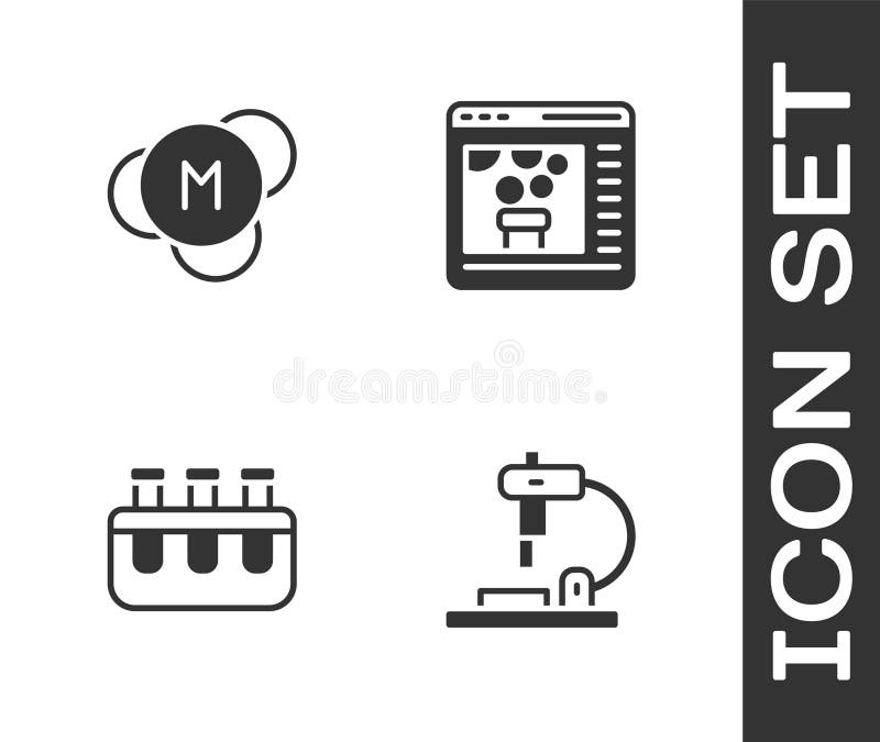 Set Microscope, Molecule, Test Tube and Flask and Chemical Online Icon ...