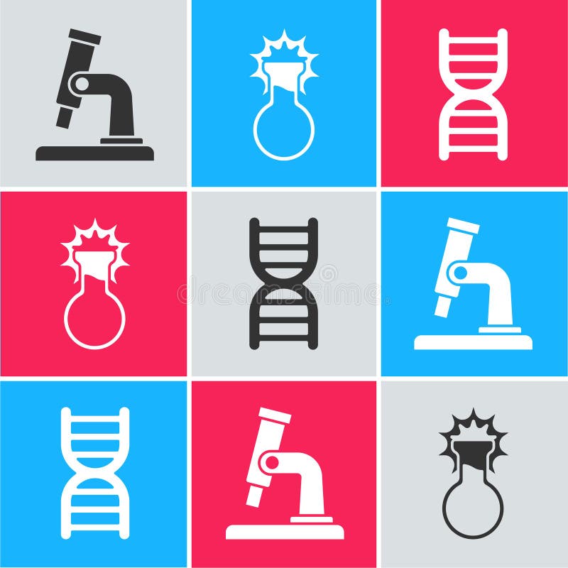 Set Microscope, Test Tube and Flask and DNA Symbol Icon. Vector Stock ... Set Microscope, Test Tube and Flask and DNA Symbol Icon. Vector Stock ...