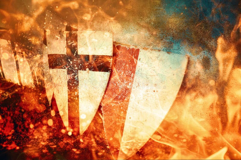 Set of Middle Age Style Weapons, Two Knight Shields. Fire Effect. Stock ...