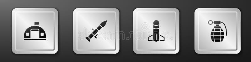 Set Military Barracks, Rocket Launcher, and Hand Grenade Icon. Silver ...