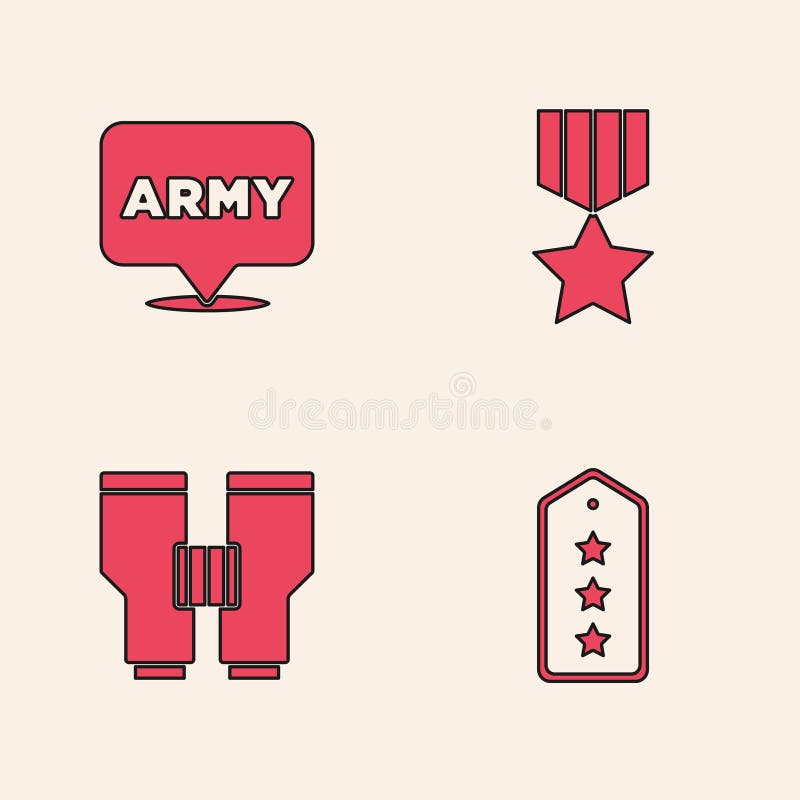 Set Military Rank, Army, Reward Medal and Binoculars Icon. Vector Stock ...