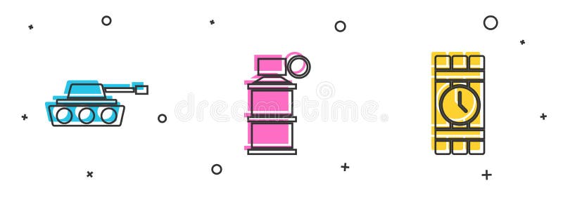 Set Military Tank, Hand Smoke Grenade and Dynamite Timer Clock Icon ...
